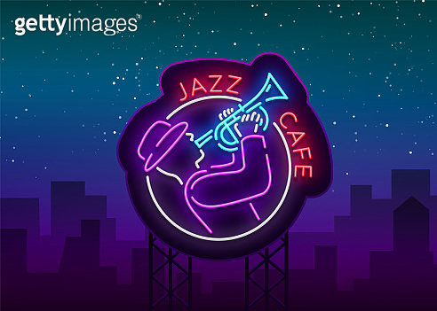 Jazz cafe in neon style. Neon sign symbol, emblem, light banner ...