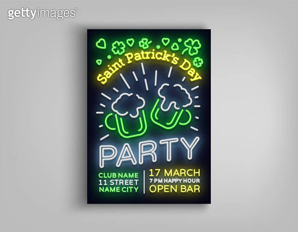 St. Patricks Day Party Poster. Design template typography in neon style ...