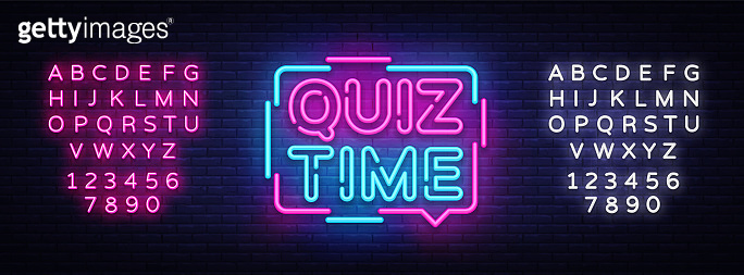 Quiz Time announcement poster neon signboard vector. Pub Quiz vintage ...