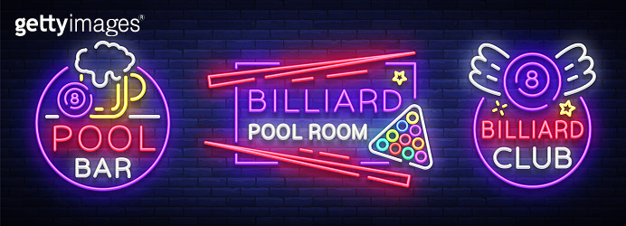 Billiards set of neon signs. Collection Design Patterns Bright neon ...