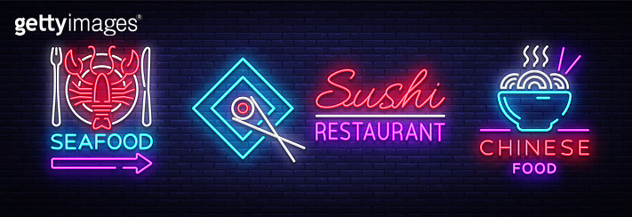 Collection neon signs Food. Set s in neon style Sushi, Seafood, Lobster ...