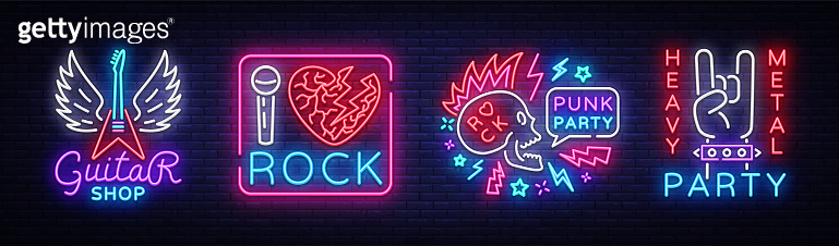 Rock Music collection Neon Signs Vector. Rock music set logos, Guitar ...