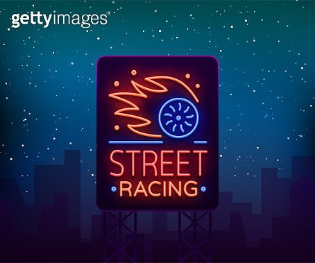 Street racing billboard logo emblem template vector logo in neon style ...