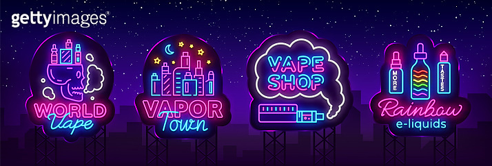 Vape shop neon sign collection vector. Vaping Store Logos set Emblem ...
