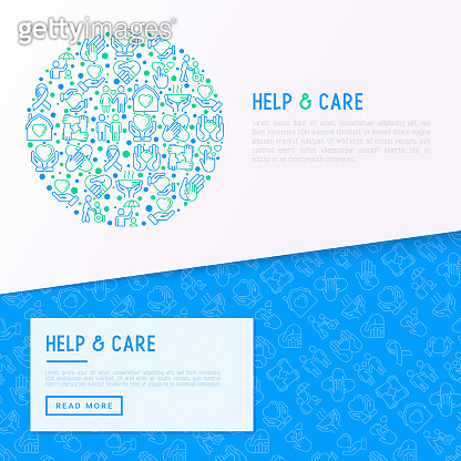 Help and care concept in circle with thin line icons: symbols of ...