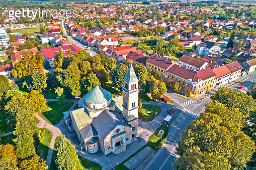 Town of Durdevac church and rooftops aerial view, Podravina region of ...
