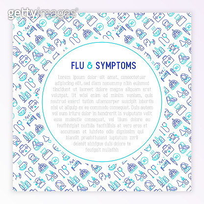 Flu and symptoms concept thin line icons: temperature, runny nose, bed ...