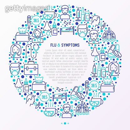 Flu and symptoms concept in circle thin line icons: temperature, chills ...