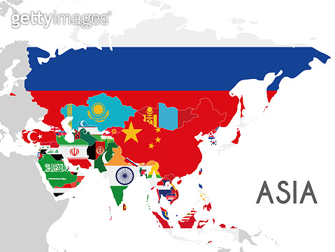 Political Asia Map vector illustration with the flags of all countries ...