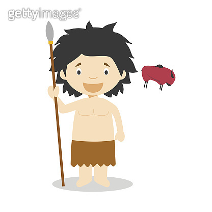 Stone Age boy cartoon character with a rock painting. Vector ...