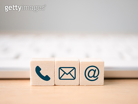 Wood block symbol telephone, mail, address and mobile phone. Website ...