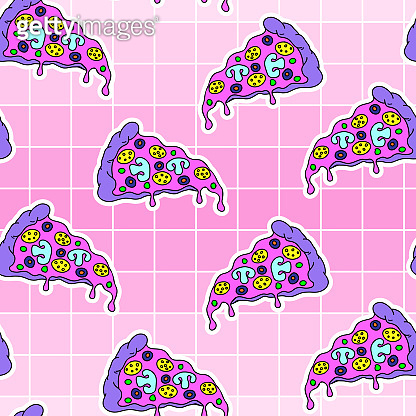 Psychedelic pizza slices seamless pattern. Digital illustration. Exotic ...