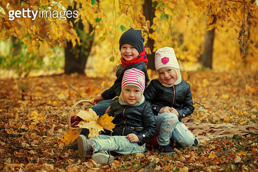 Portrait Three happy friends kids in autumn park - child, leisute and ...