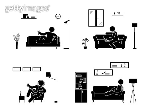 Stick figure resting at home position set. Sitting, lying, reading book ...
