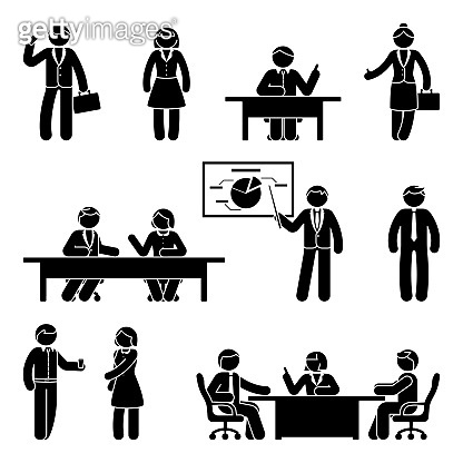 Stick figure business communication icon set. Vector illustration of ...