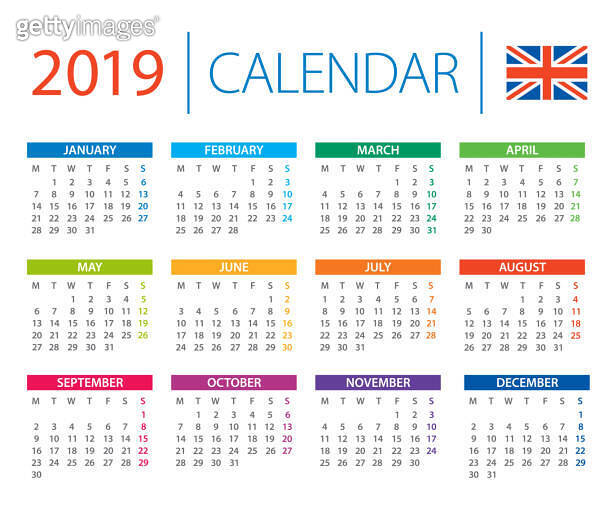 Calendar 2019 - vector illustration. English European International ...