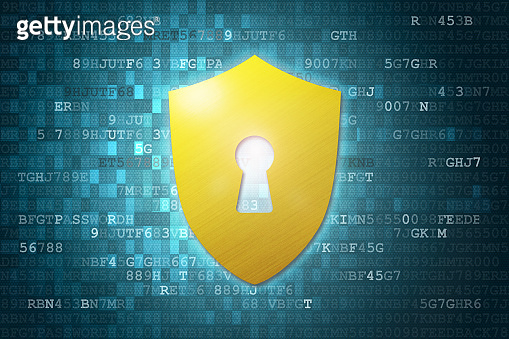 Cyber security concept: Yellow Shield With Keyhole icon on blue digital ...