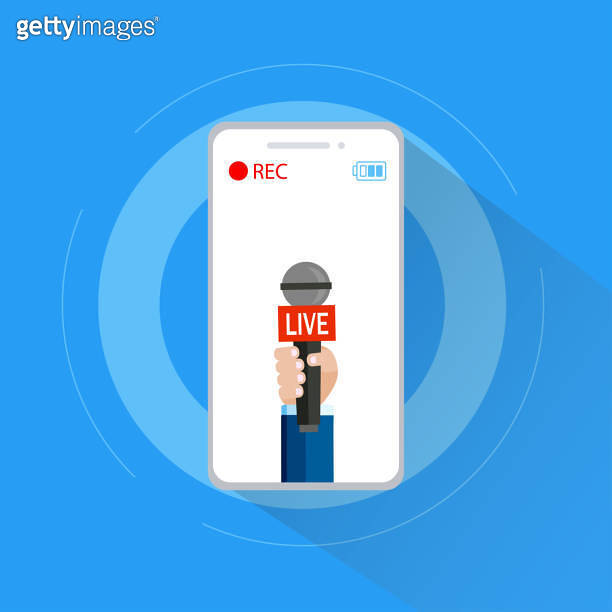 Hand holding microphone phone with live stream on blue bakground 이미지 ...