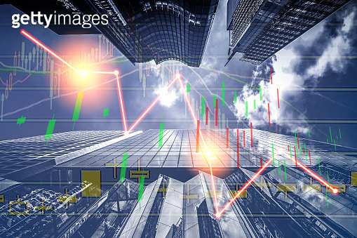Hong Kong Office buildings with graph index of stock Market ((red bear ...