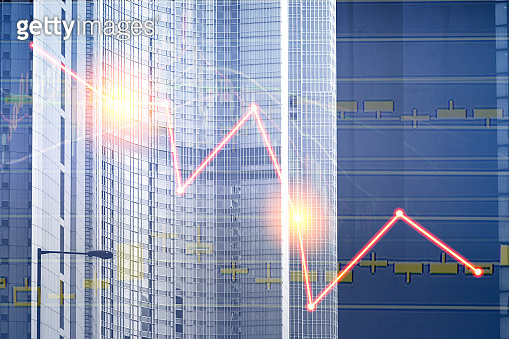 Hong Kong Office buildings with graph index of stock Market ((red bear ...