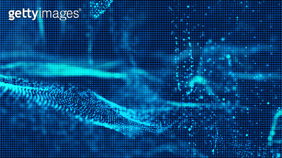 Digital blue color sparkling wave particles flow abstract background ...