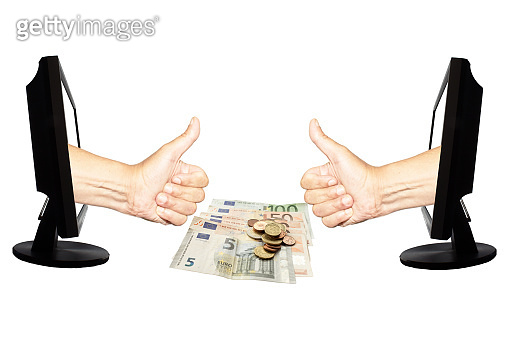 Virtual number one - team work success on white background with money ...