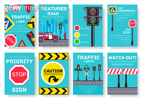 Traffic light day vector brochure cards set. Urban sign template of ...