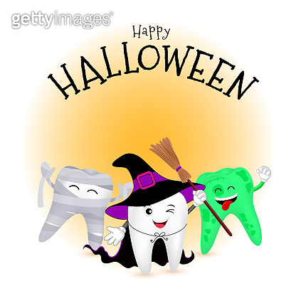 Funny cute cartoon tooth. Witch, mummy and monster character. 이미지 ...