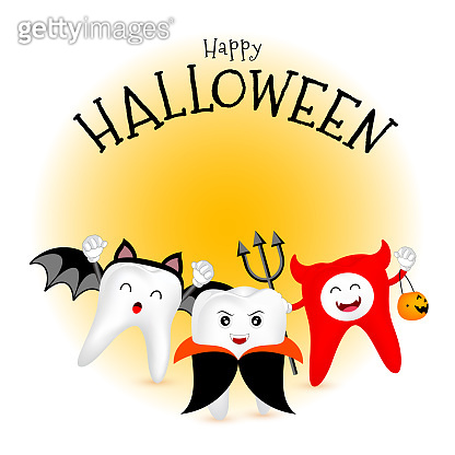 Funny cute cartoon tooth. Witch, mummy and monster character. 이미지 ...