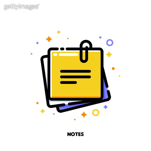 Icon of yellow sticky note with text for office work concept. Flat ...
