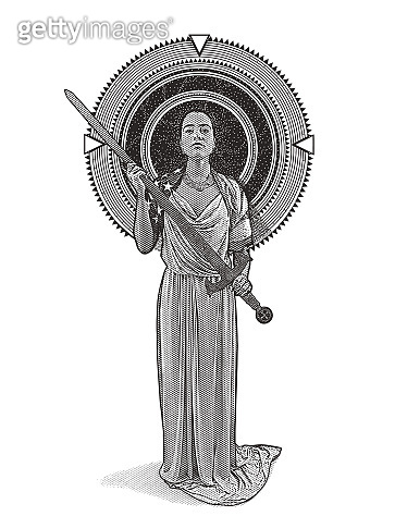Engraving illustration of a Mixed race Lady Justice holding sword ...