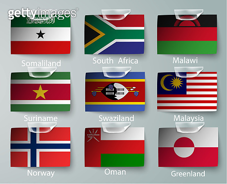 realistic set of flags of paper of countries with tapes ripped ...