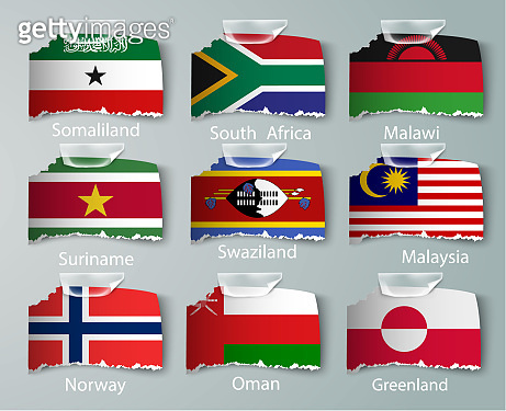 realistic set of flags of paper of countries with tapes ripped ...