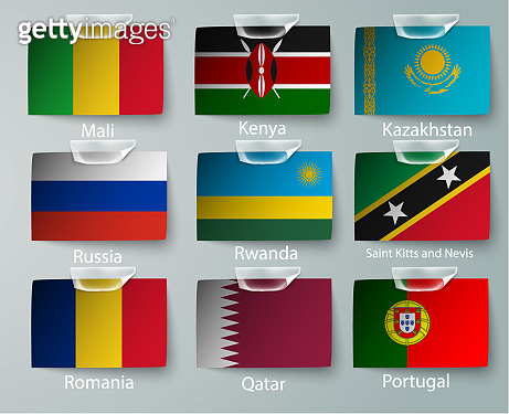 realistic set of flags of paper of countries with tapes ripped ...