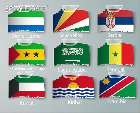 realistic set of flags of paper of countries with tapes ripped ...