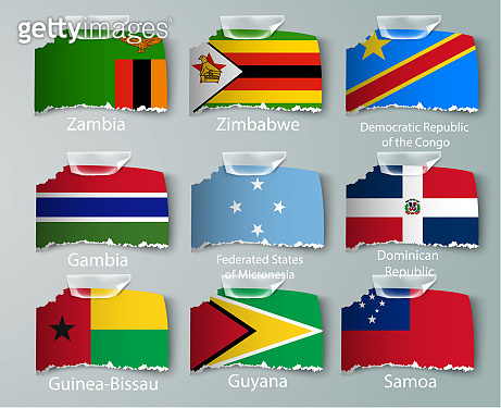 realistic set of flags of paper of countries with tapes ripped ...