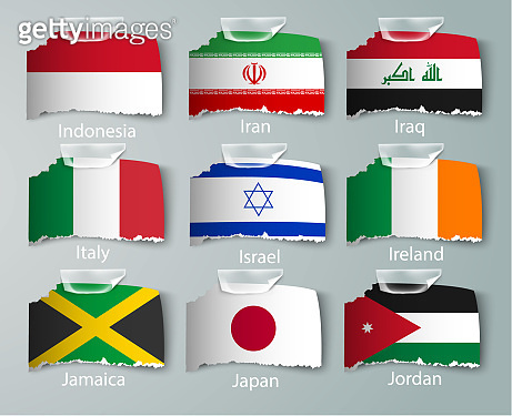 realistic set of flags of paper of countries with tapes ripped ...