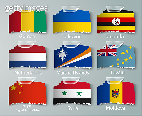 realistic set of flags of paper of countries with tapes ripped ...