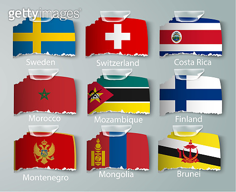 realistic set of flags of paper of countries with tapes ripped ...