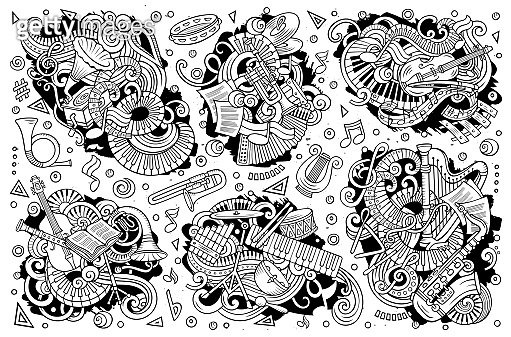 Vector doodles cartoon set of classical musical instruments objects ...