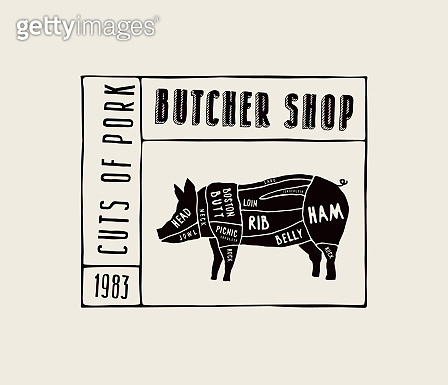 Stock vector pork cuts diagram in the style of handmade graphics 이미지 ...