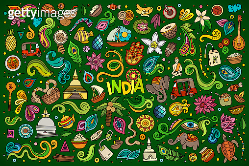 Vector doodle cartoon set of Indian objects and symbols 이미지 (914949708 ...