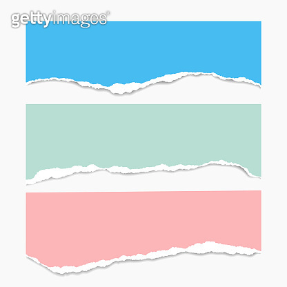 Three torn sheets of paper of different colors with shadow, isolated on ...