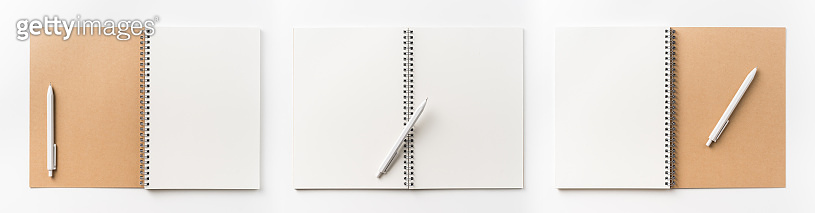 Top view collection of spiral kraft notebook front, back and white open ...