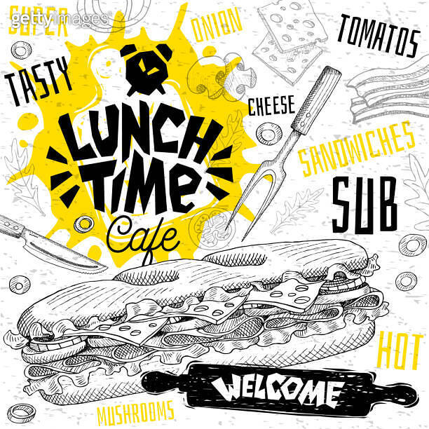 Lunch time cafe restaurant menu. Vector sub sandwiches fast food flyer ...
