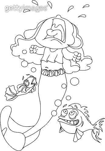 Crying little mermaid and fishes. Isolated, cartoon characters, white ...