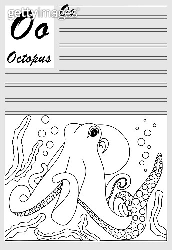 Octopus, english alphabet, coloring outline, write and paint. Set of ...