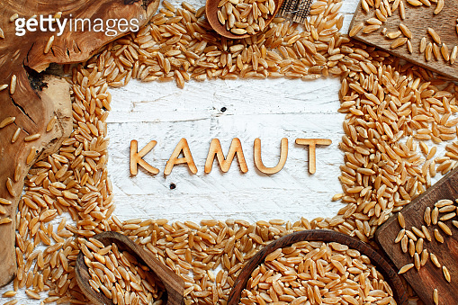 Raw Kamut grain with a word Kamut top view 이미지 (1018286686) - 게티이미지뱅크