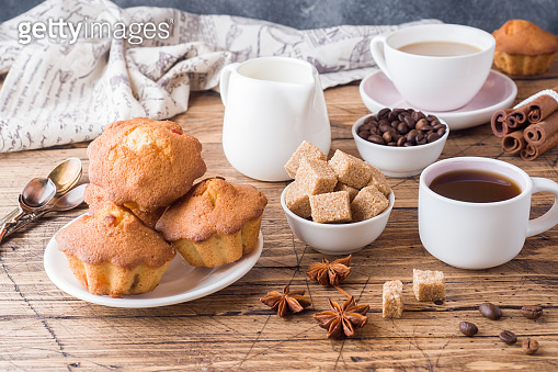 Breakfast and coffee for two persons, pastries, brown sugar and ...