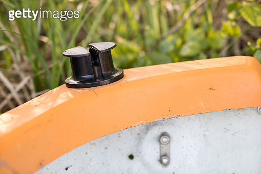 Capstan on a small sailing boat. Equipment for a sailing boat floating ...